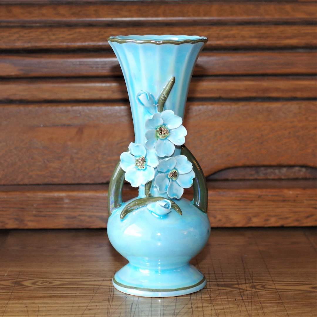 Vintage Blue Lusterware Bud Vase With Floral Relief, Gold Accents, Made ...