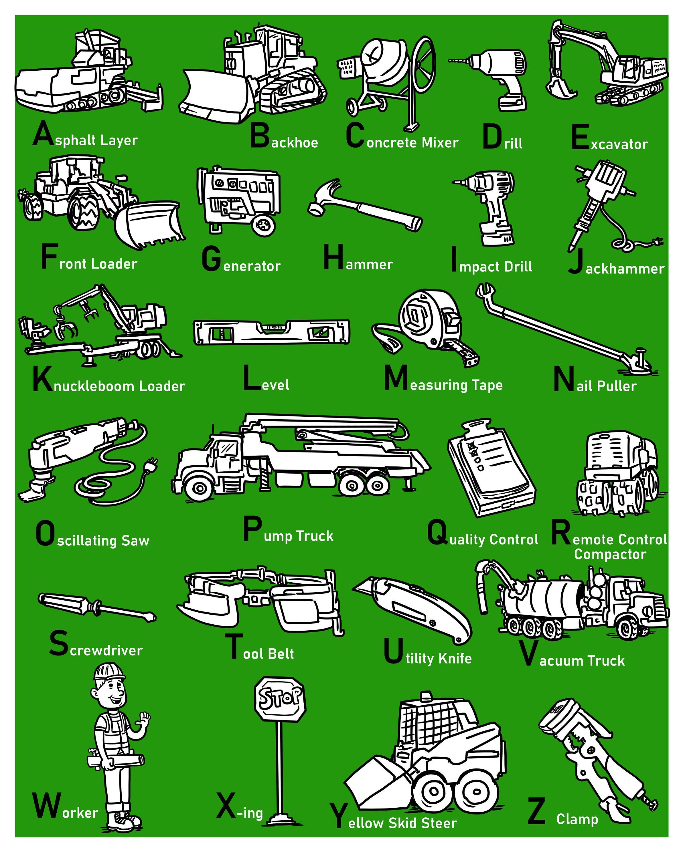 Constuction ABC Chart Wall Art, Power Tools, Construction Vehicle Art ...
