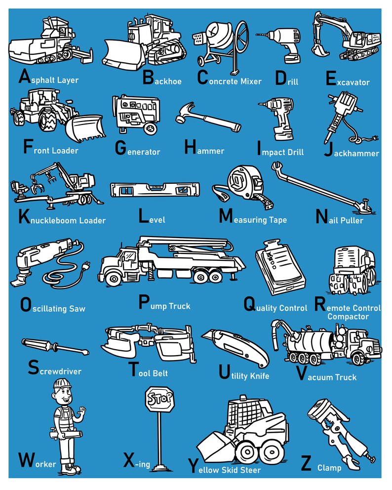 Constuction ABC Chart Wall Art, Power Tools, Construction Vehicle Art ...