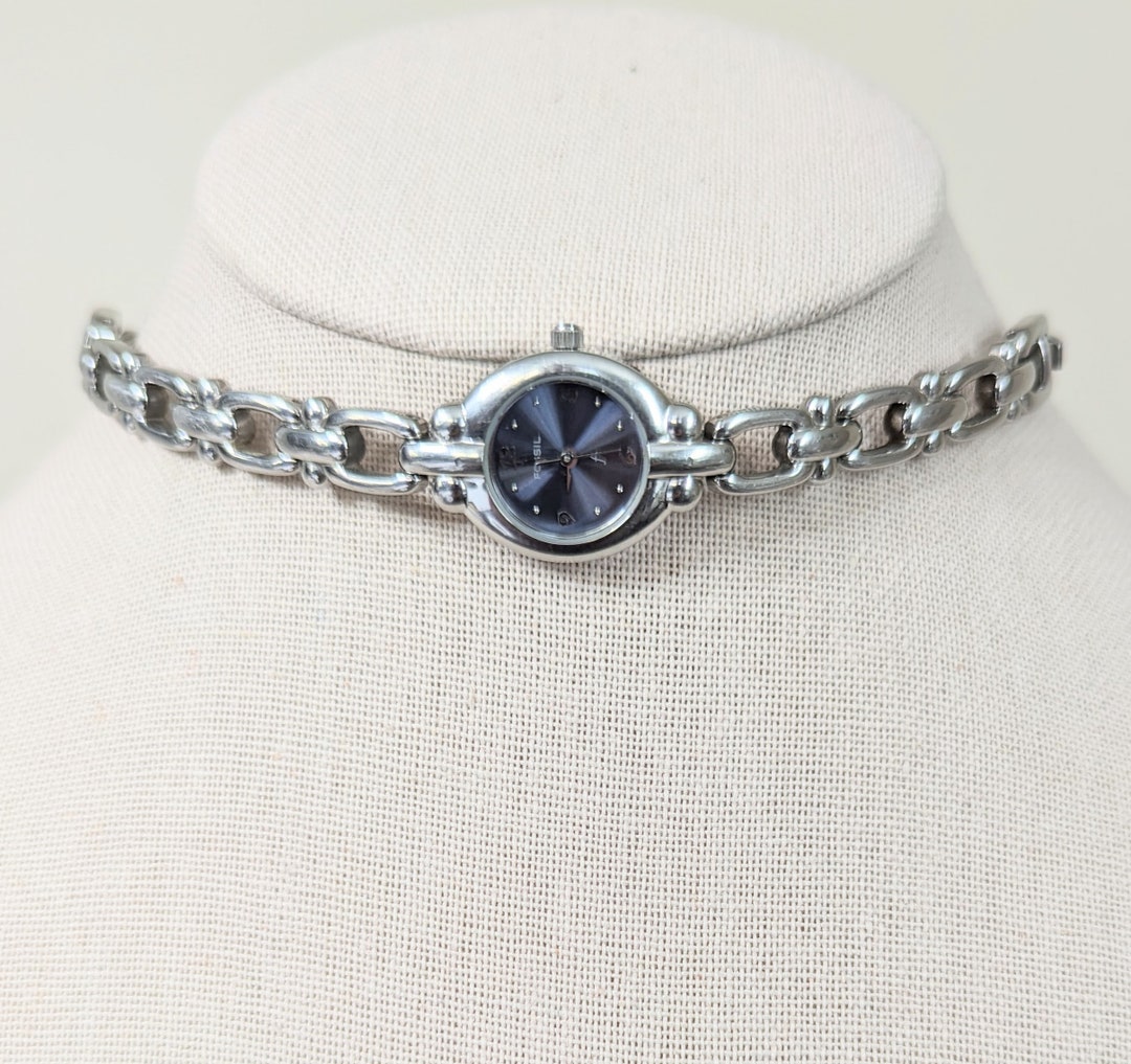 Fossil Silver Tone Violet-blue Face Round Quartz Watch Choker - Etsy