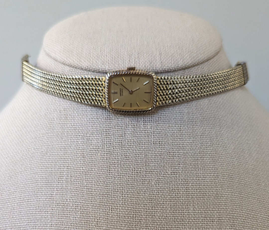 Vintage Seiko Gold Tone Rectangle Quartz Watch Choker Steampunk ...