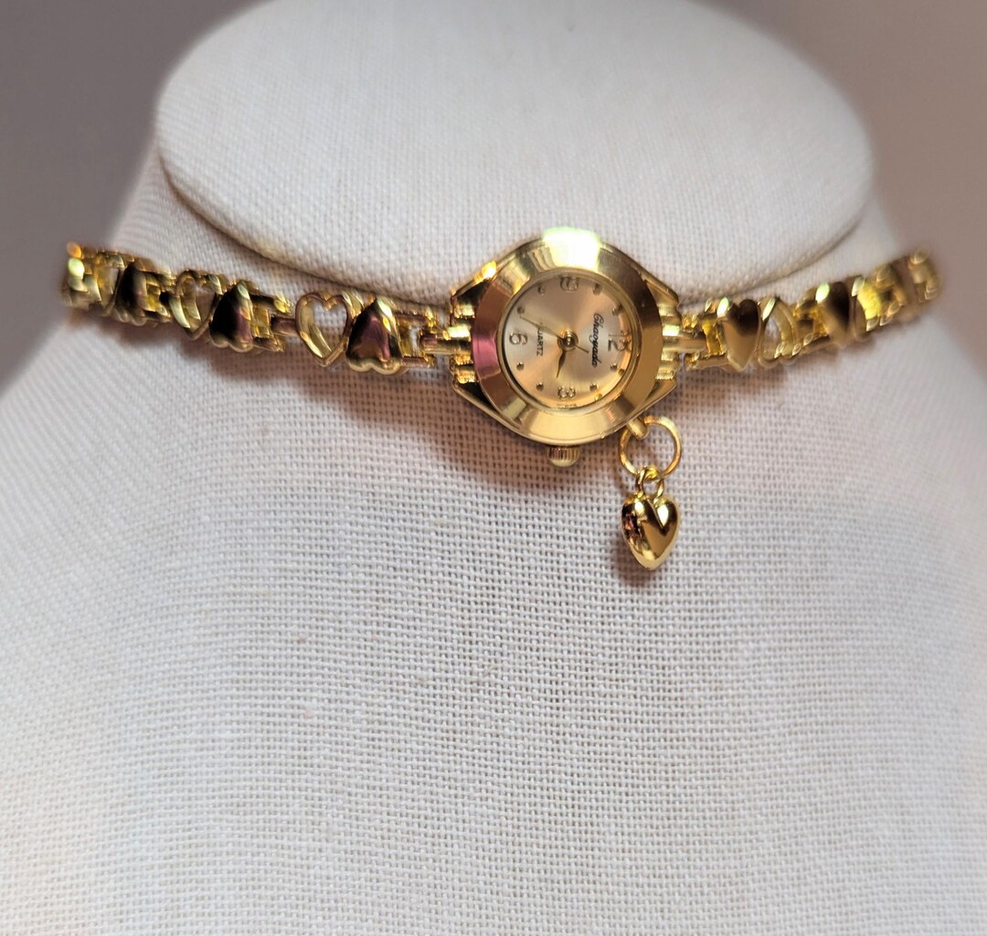 Vintage Chaoyada Working Gold Tone Round Quartz Upcycled Choker Heart ...