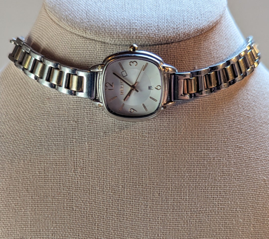 Vintage Relic 2-tone Square Quartz Watch Choker With Calendar Steampunk ...