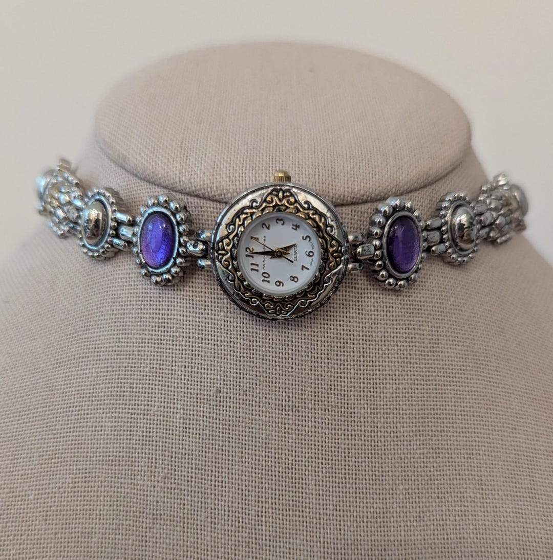Vintage No Boundaries Silver Tone Watch Choker Necklace Purple Stones ...