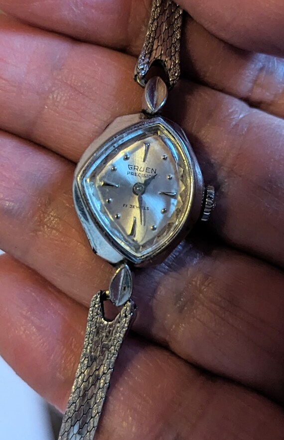 WORKING Vintage Gruen White Gold Triangular Shape Lad… - Gem