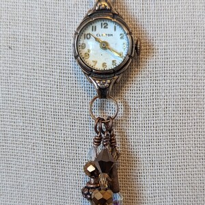 Clinton Gold Tone Vintage Watch Necklace With Crystal & Copper Accents ...