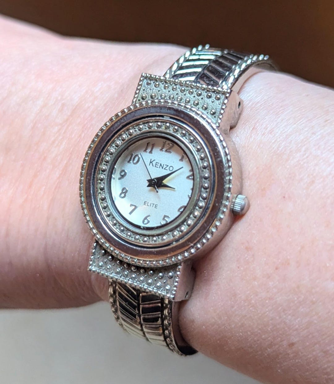 Vintage Kenzo Silver Tone Cuff Watch: Embossed Band, Working Condition ...