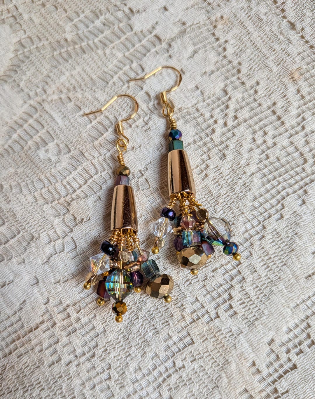 Jewel Tone Crystal, Glass & Metal Beaded Waterfall Cascade Earrings ...
