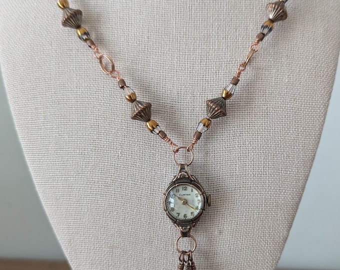 Clinton Gold Tone Vintage Watch Necklace With Crystal & Copper Accents ...
