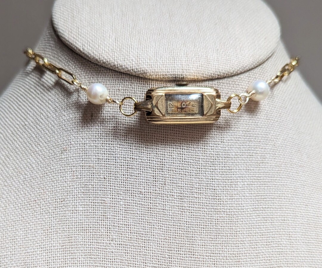 Vintage Tavannes Rectangular Yellow Gold Watch Choker W/faux Pearls ...