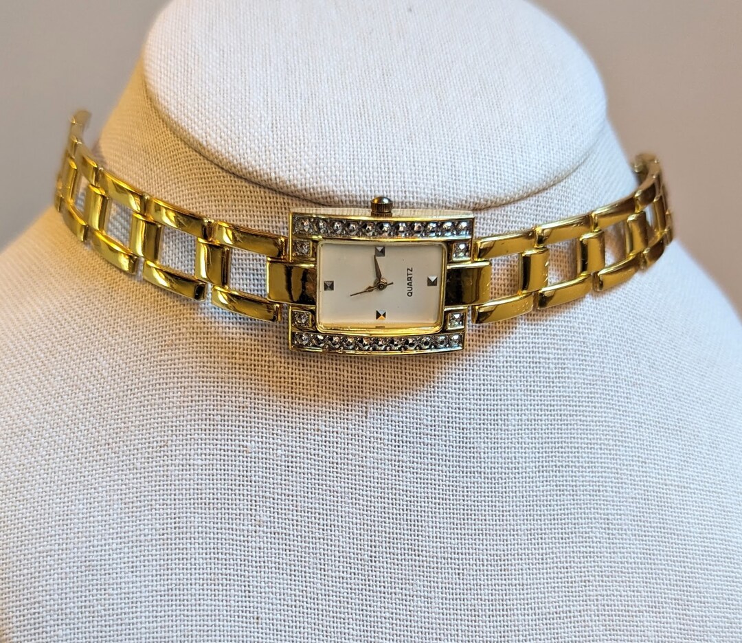 Unmarked Working Gold Tone Rectangular Quartz Watch Choker Steampunk ...