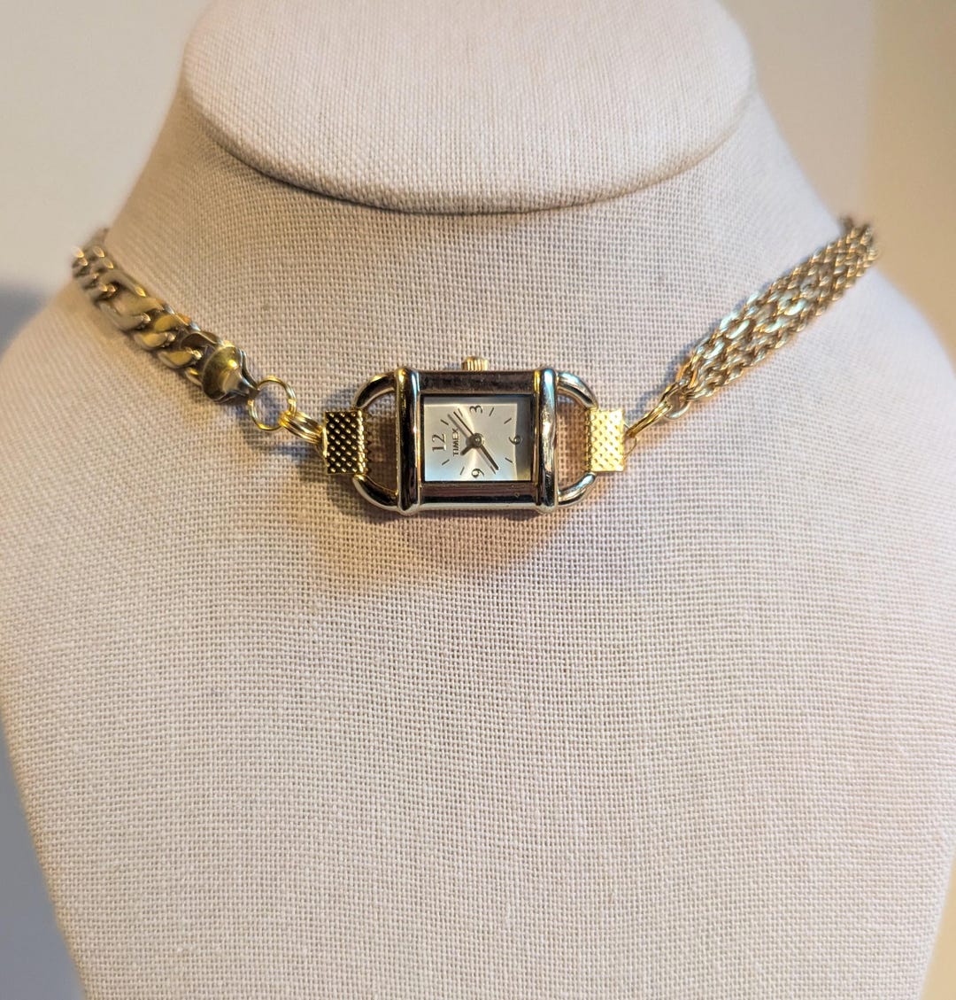 Vintage Timex Gold Tone Working Square Qtz Watch Choker Gold Tone With ...