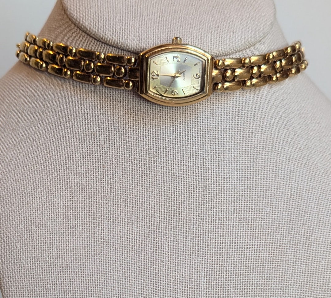 Unmarked Gold Tone Rectangular Quartz Watch Choker Gold Face Steampunk ...