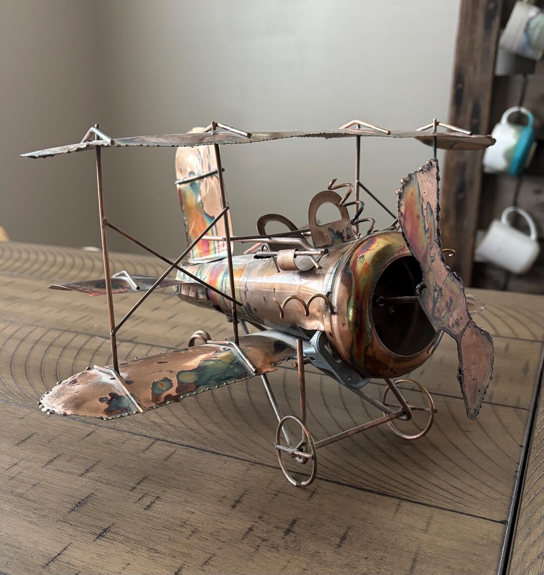 Vintage Copper Tin Musical Airplane Primitive Weathered Music Box Decor ...