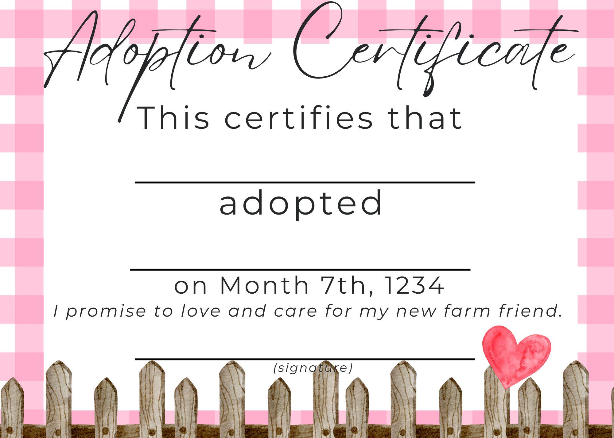 Farm Animal Adoption Certificate - Etsy