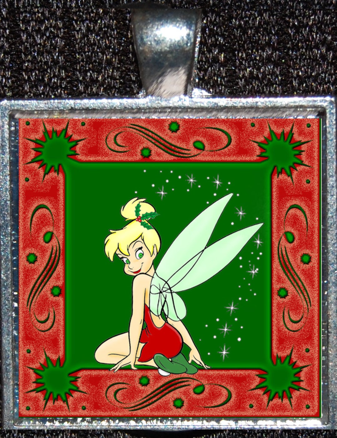 Tinkerbell Fairy Tink Green Red Christmas Xmas Silver Pendant Disney ...