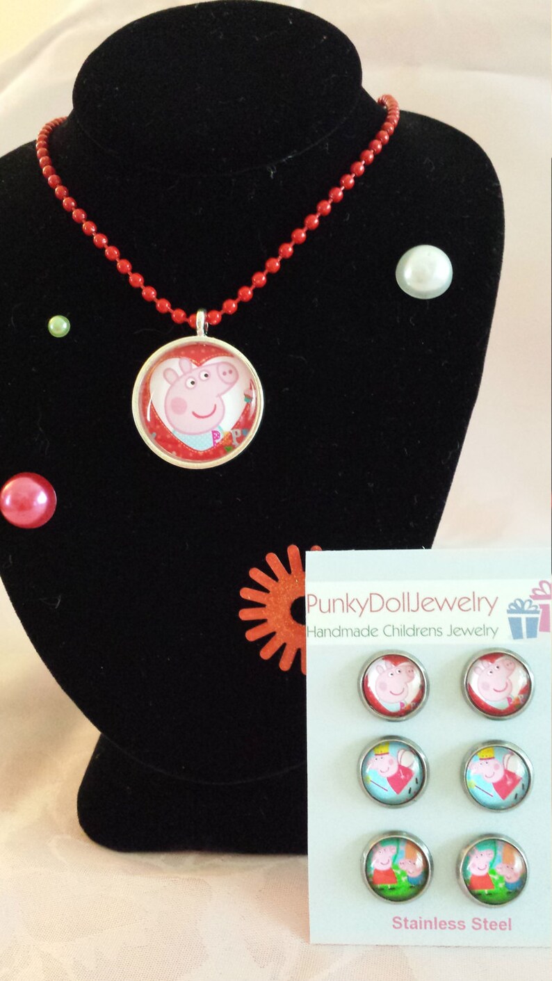 Peppa Pig "red" Jewelry Set With Necklace and 3 Pairs Small Stainless ...