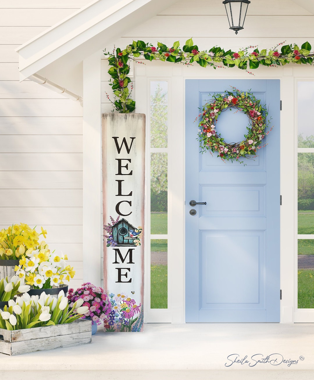 Summer and Spring Wood Welcome Sign With Bird House and Flowers ...