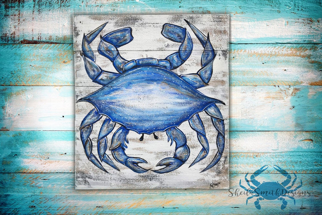 Dark Blue Crab, Hand Painted on Distressed Wood for Coastal Living ...