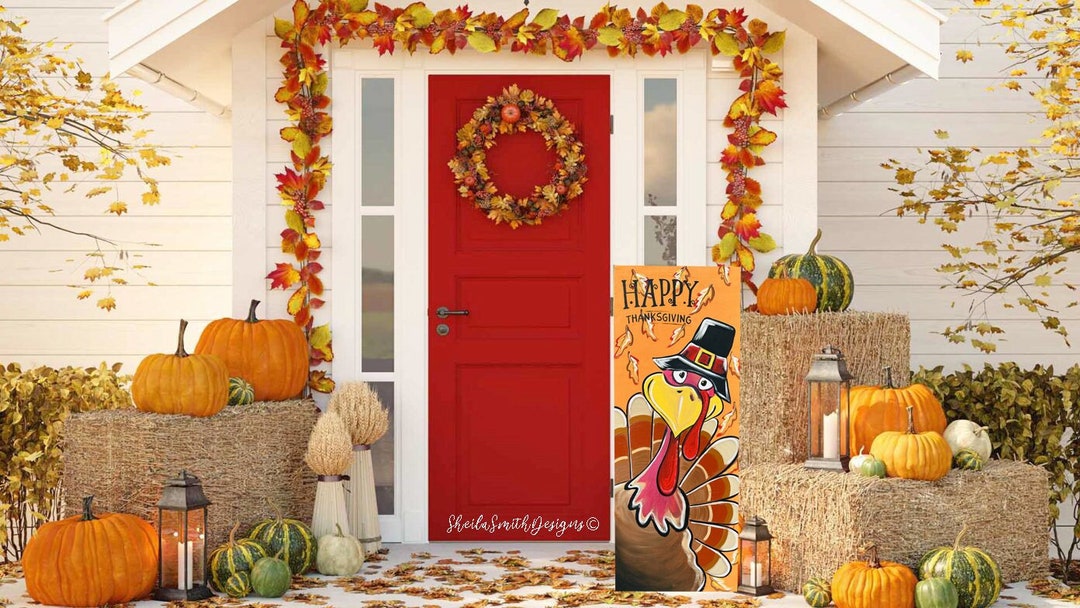 Happy Thanksgiving Sign, Fall Welcome Sign, Turkey Vertical Front Door ...