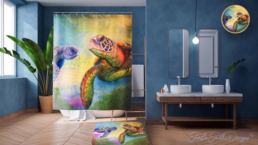 Designer Turtle Shower Curtain, Turtle Coastal Tropical Design, Art ...