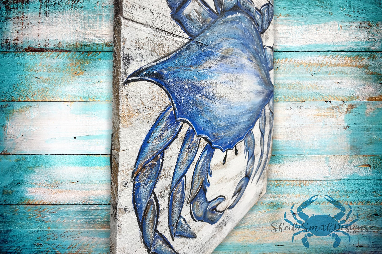 Dark Blue Crab, Hand Painted on Distressed Wood for Coastal Living ...