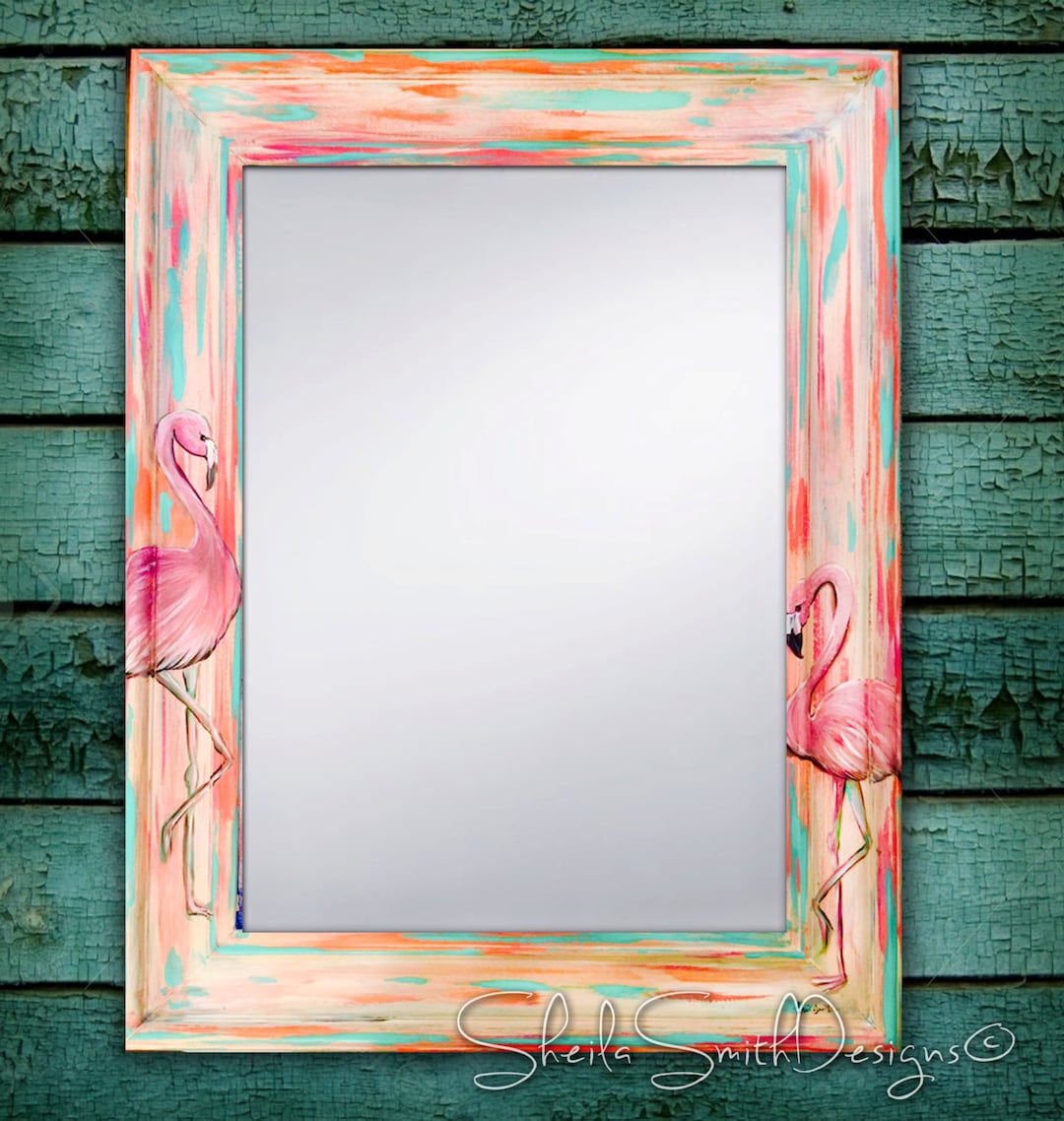 Hand Painted Flamingo Mirror, Beach Mirror, Beach Decor, Flamingo Art ...