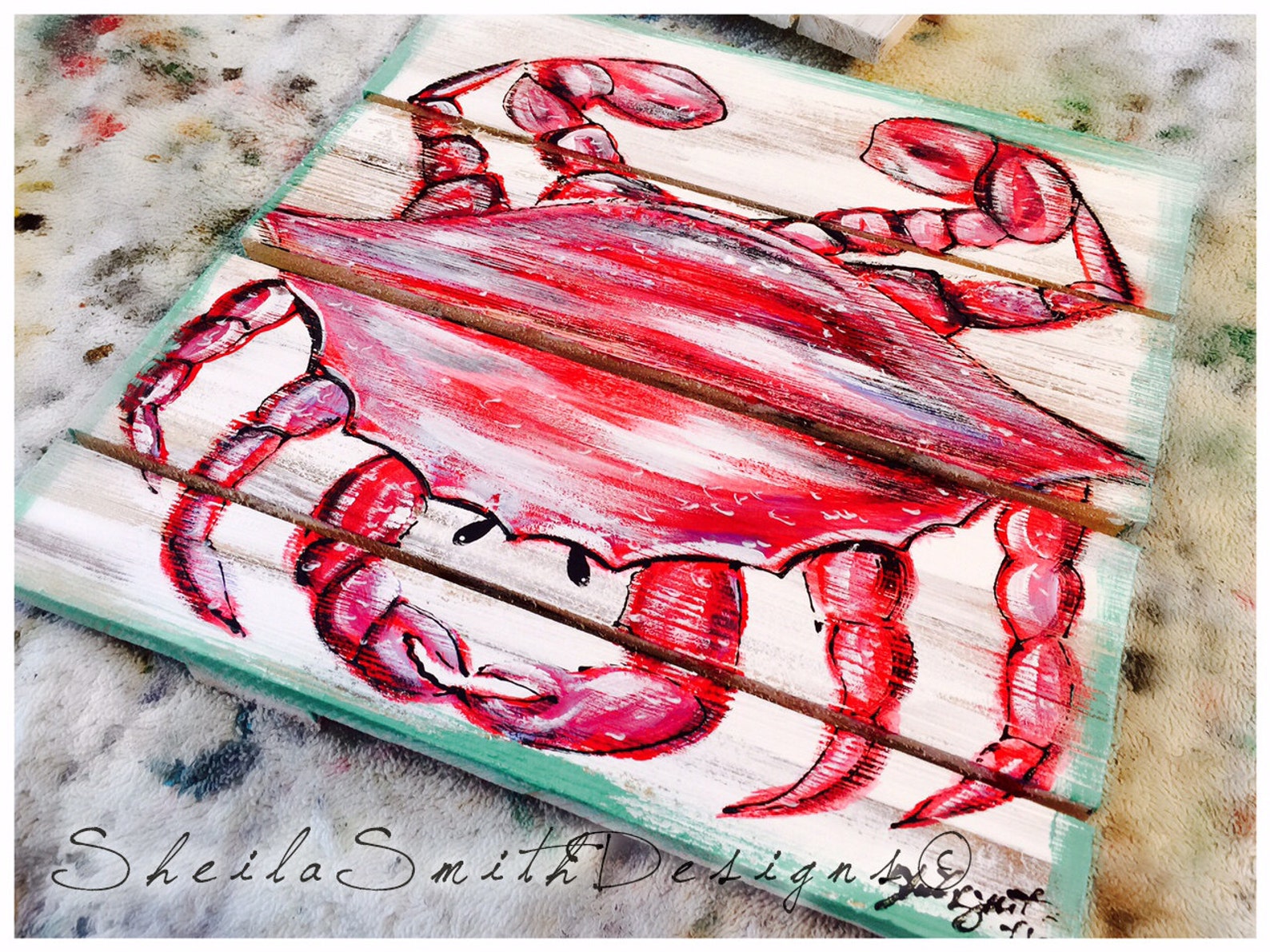 Red Crab on Distressed Wood, Hand Painted, With or Without Blue Border ...