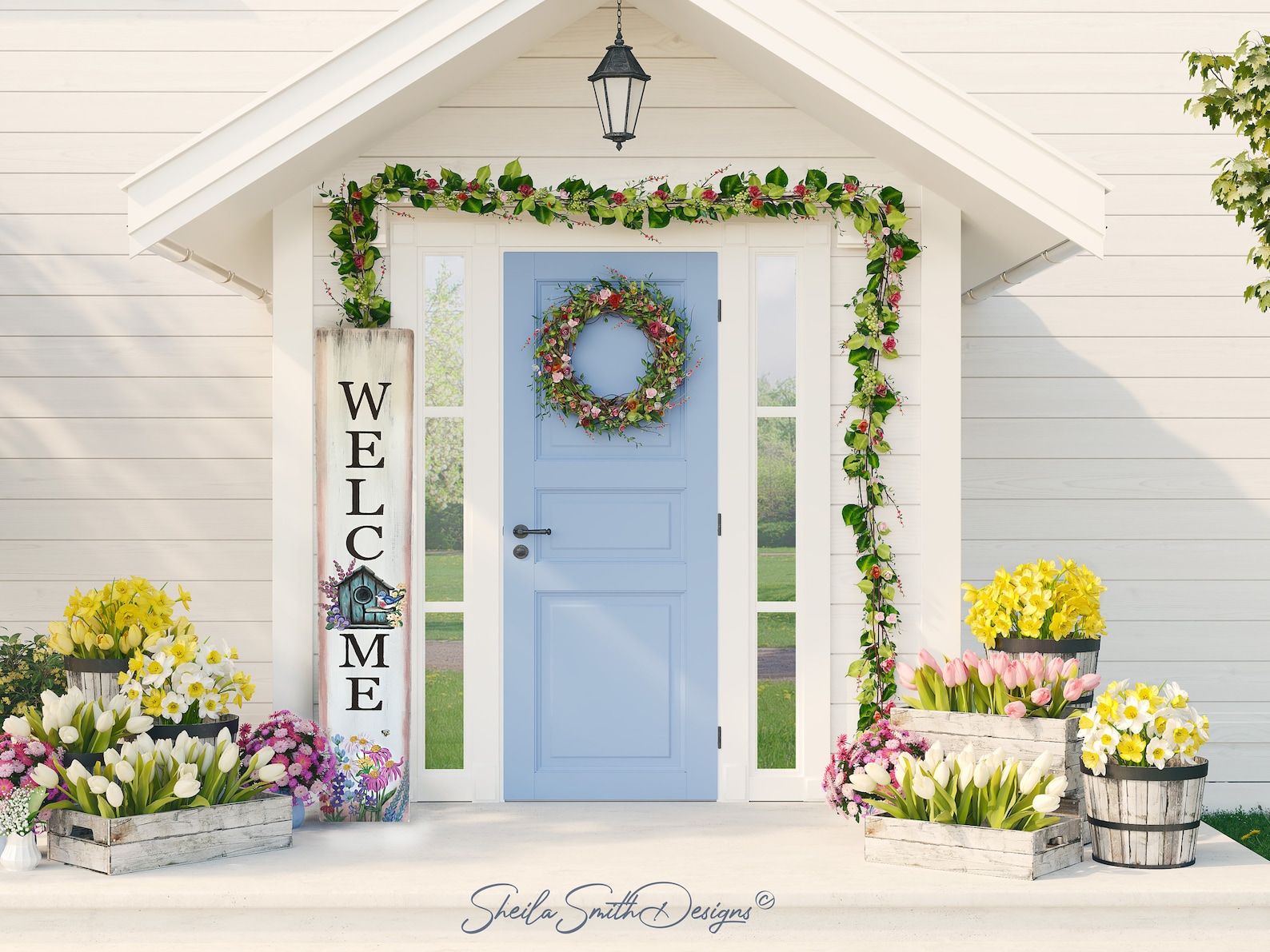Summer and Spring Wood Welcome Sign With Bird House and Flowers ...