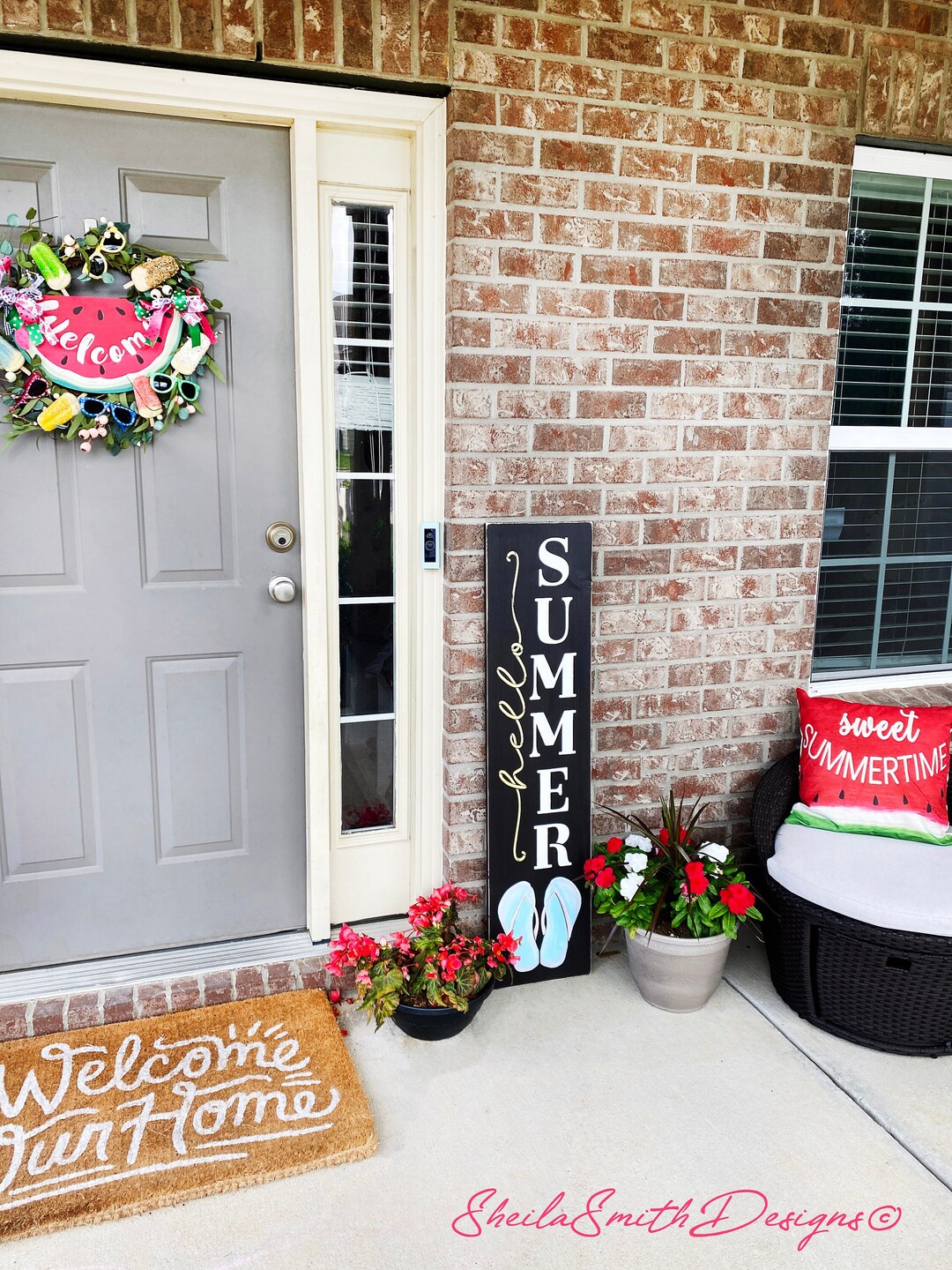 WELCOME SIGN, Hello Summer Flip Flop Sign, Vertical Front Door Welcome ...