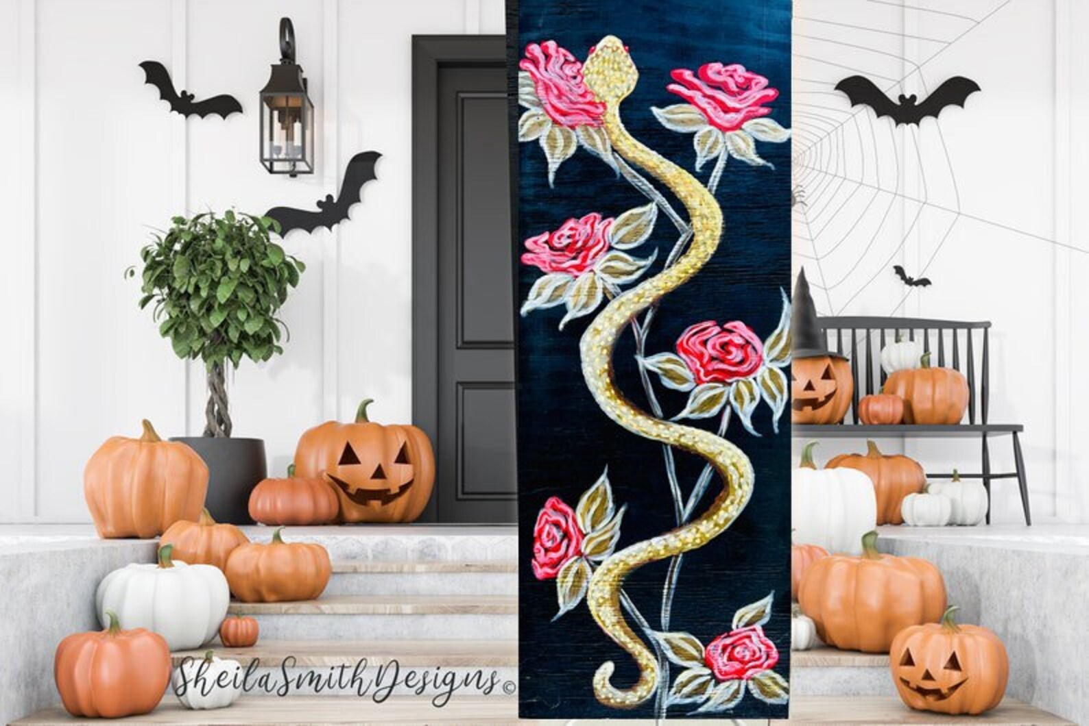 Rose Snake Art, Snake Sign, Serpent, Snake and Rose, Halloween Decor ...