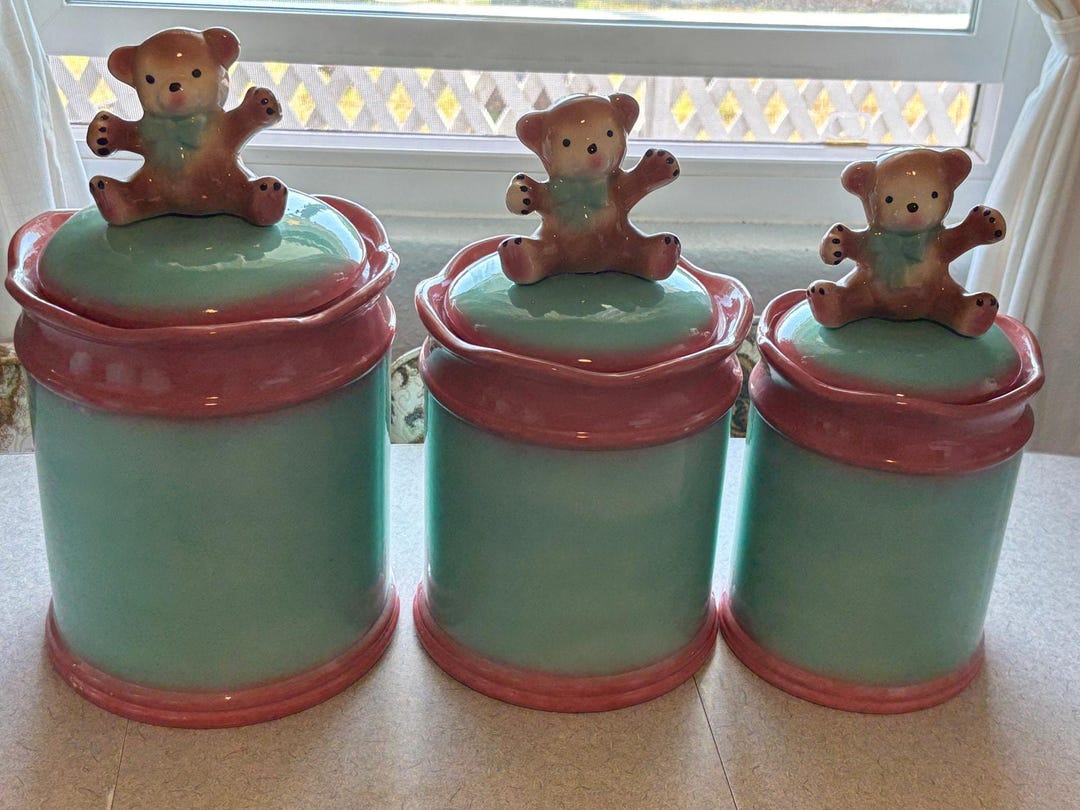 Vintage Ceramic Teddy Bear Kitchen Decor-canister Set 3 Pc - Etsy