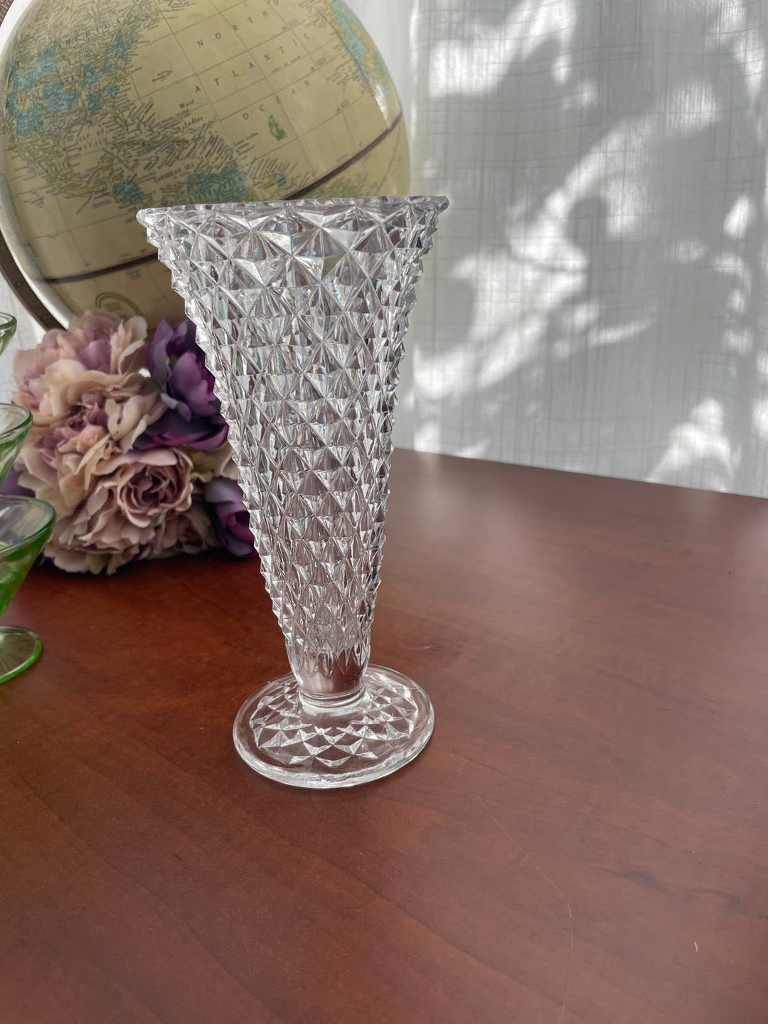 Vintage Crystal Glass Diamond Pattern Vase - Etsy