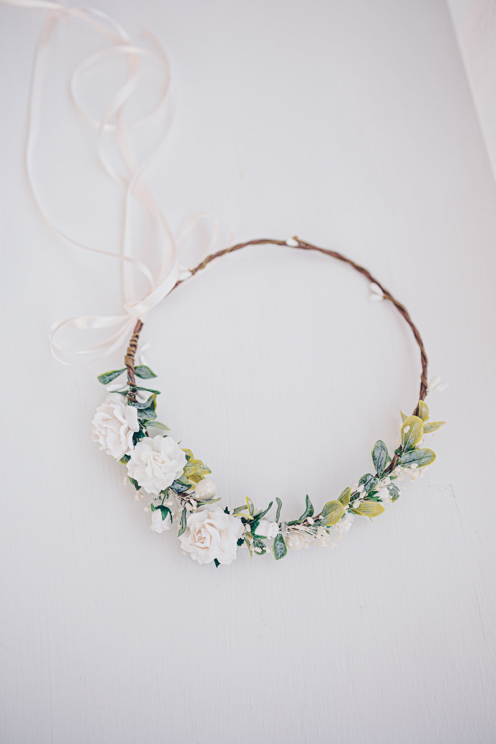 Bridal Flower Crown Ivory and White Flowers, Dried Baby's Breath,green ...