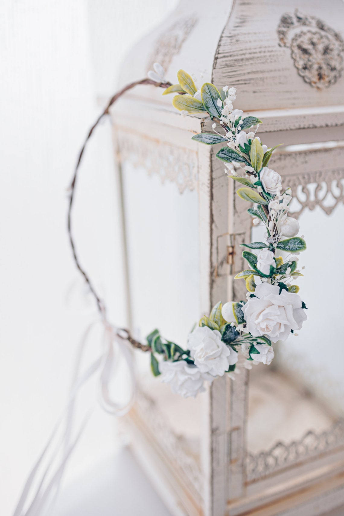 Bridal Flower Crown Ivory and White Flowers, Dried Baby's Breath,green ...