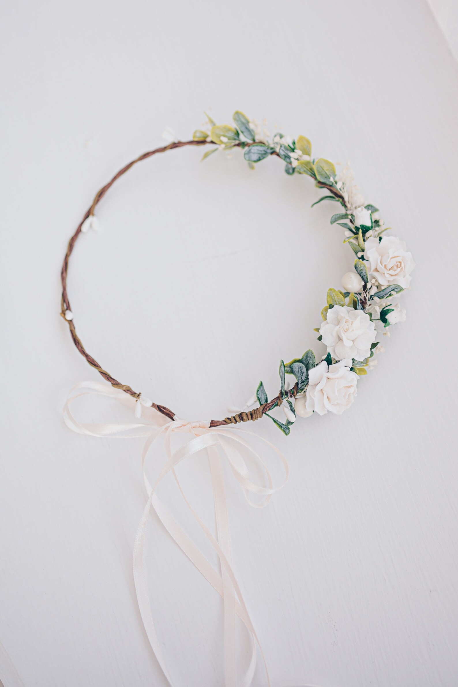 Bridal Flower Crown Ivory and White Flowers, Dried Baby's Breath,green ...