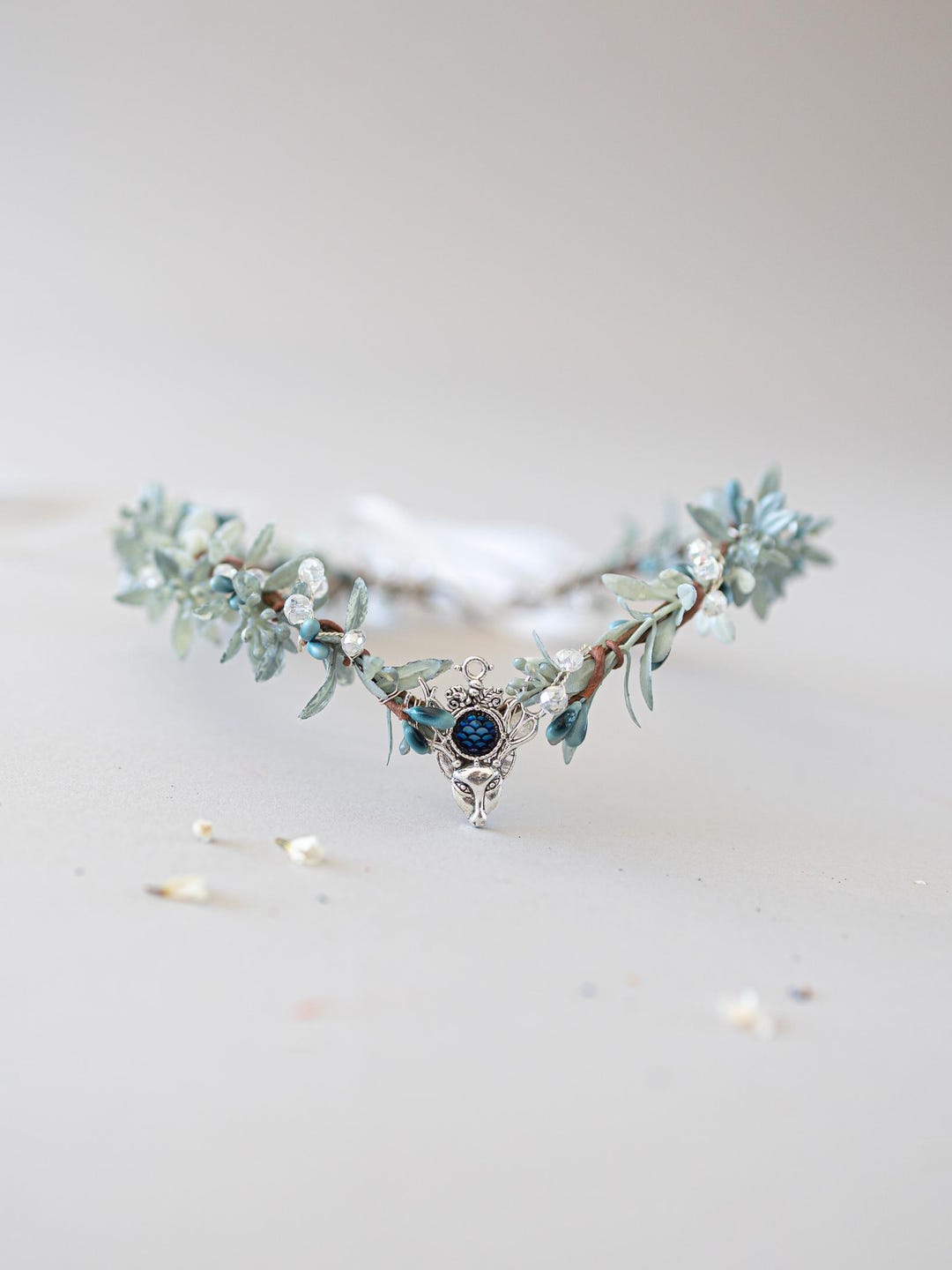 Elven Wedding Crown With Silver Deer Charm and Blue Crystal, Woodland ...