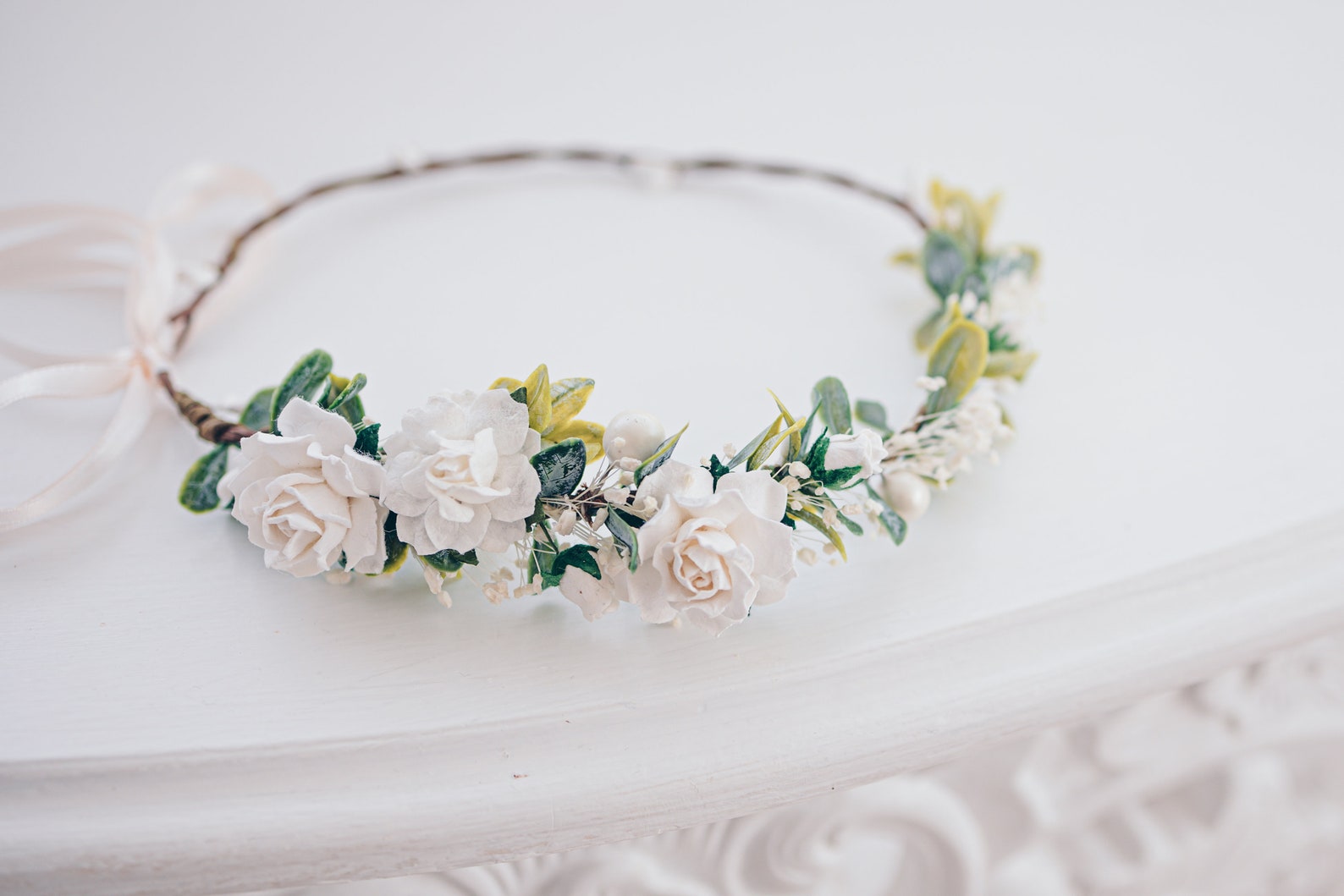 Bridal Flower Crown Ivory and White Flowers, Dried Baby's Breath,green ...
