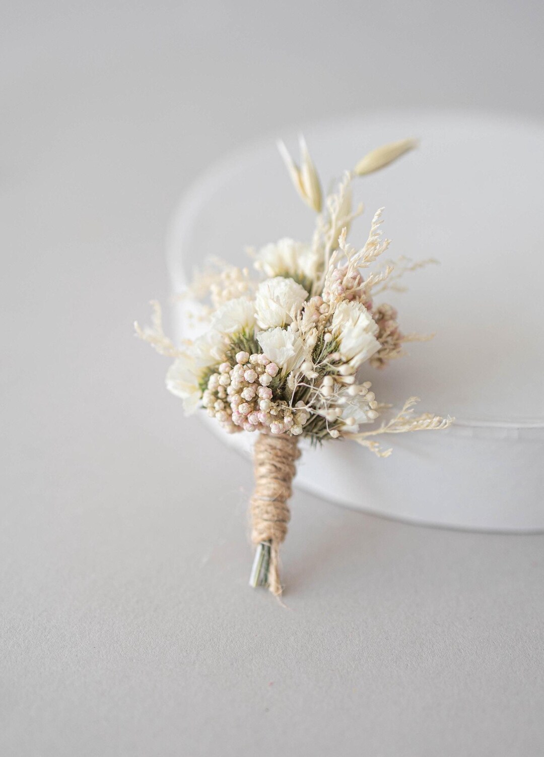 Boutonniere With Preserved Flowers | Ivory Baby's Breath, Oats, Glixia ...