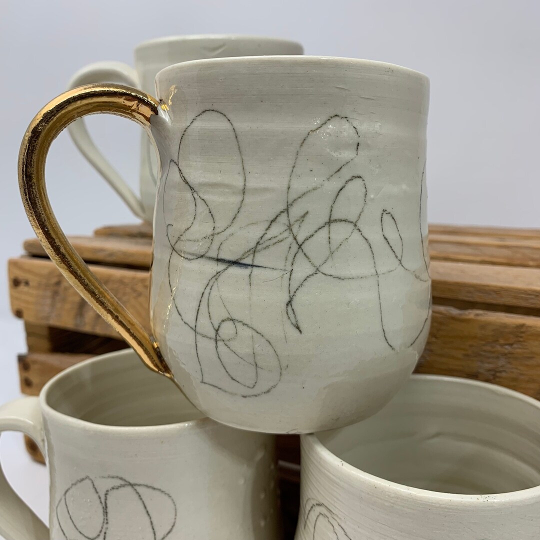 White Mug With Scribbles and Gold Handle - Etsy