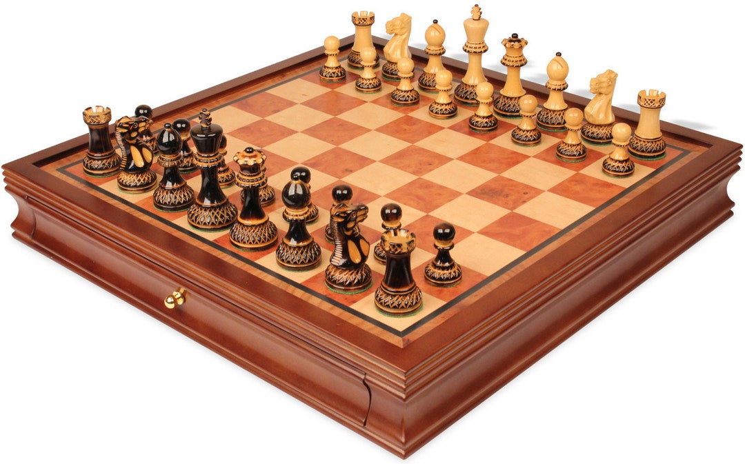 Parker Staunton Chess Set - Burnt Boxwood Pieces - Elm Burl & Bird's ...