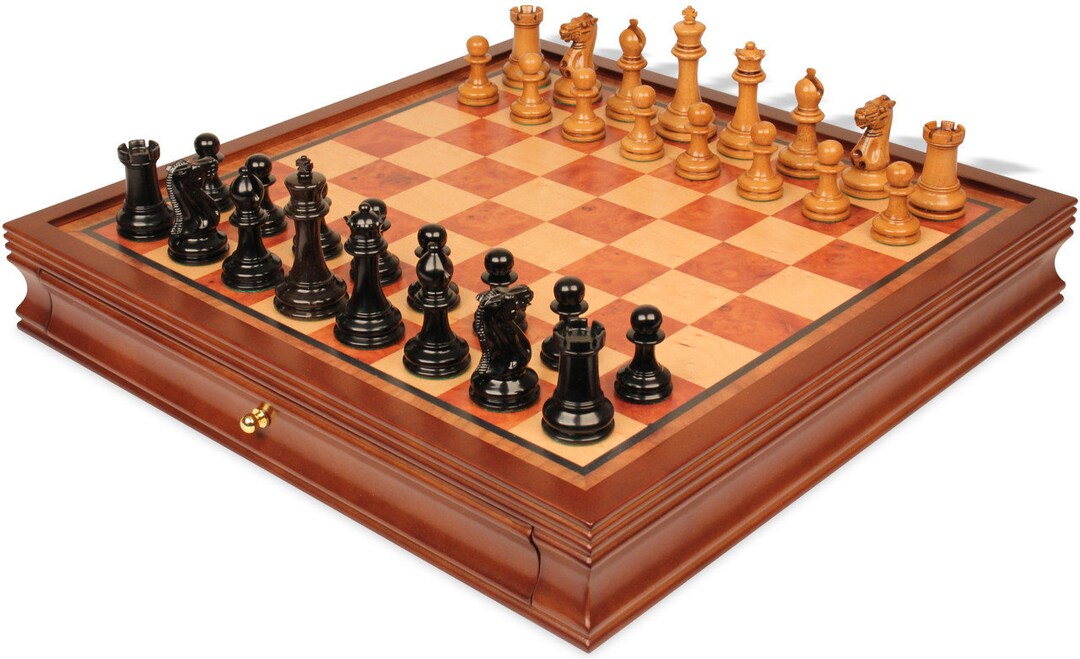 1849 Heirloom Staunton Chess Set Ebony & Distressed Boxwood Pieces With ...
