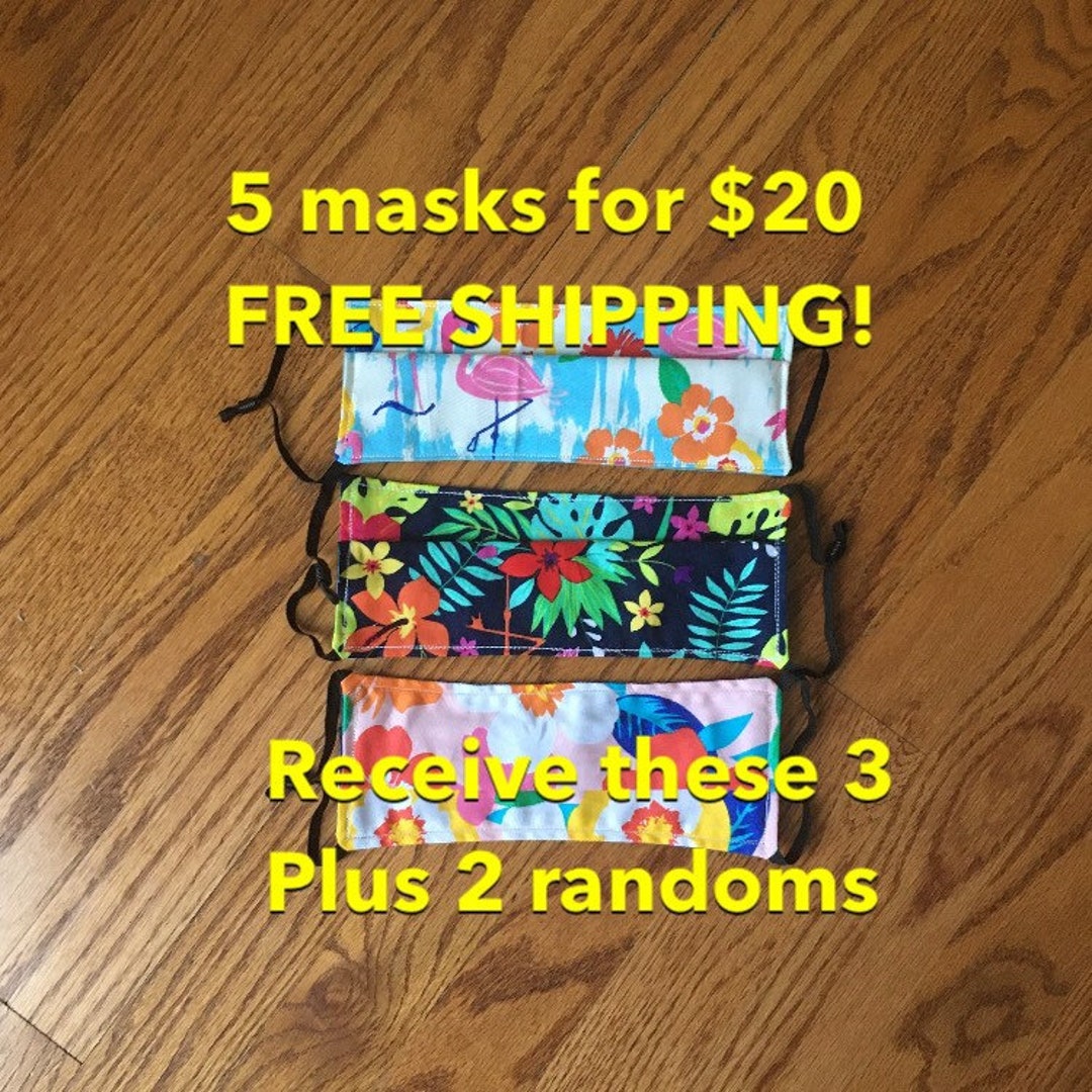 Pack of 5 Fabric Cloth Face Masks With Adjusters Reversible Adjustable ...
