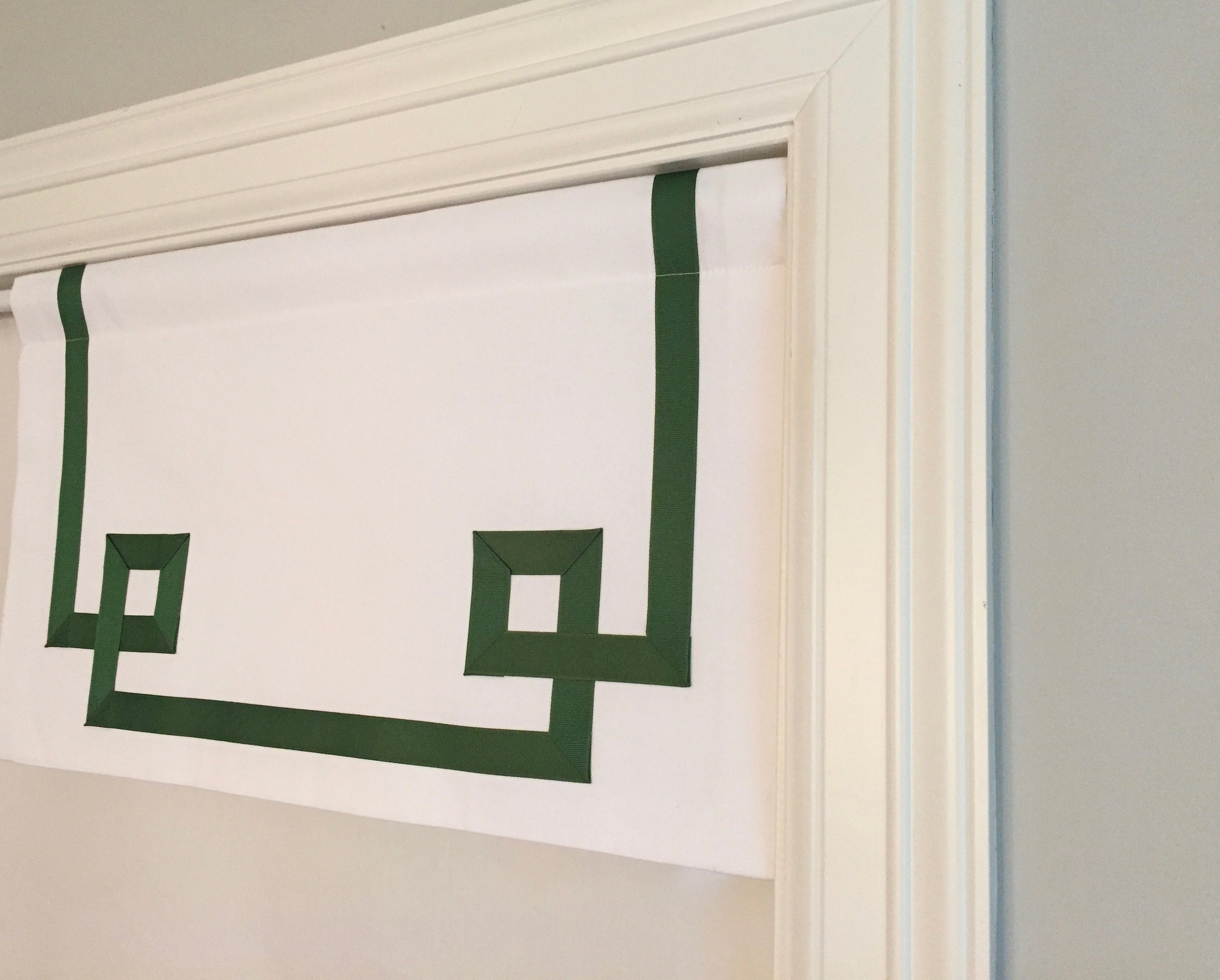 Straight Valance. White Twill With A Greek Key Ribbon Design. Choose ...