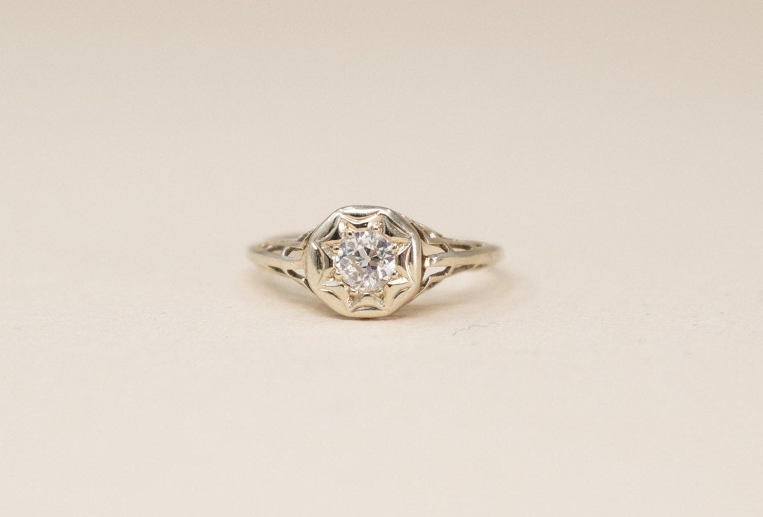 Antique 14k Diamond Ring, Star Setting - 1920s Art Deco Engagement Ring ...