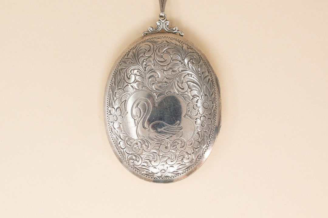 Vintage Sterling Locket, Massive Swan Locket - 1950s Classic Sterling ...