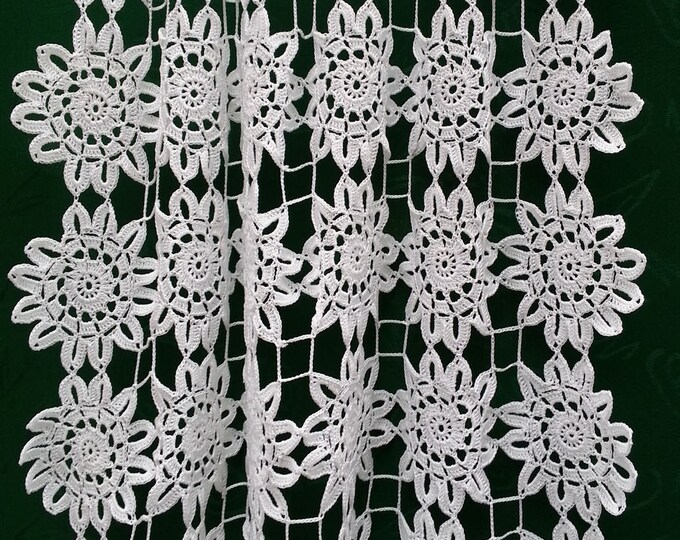 White Cotton Crocheted Window Curtain FLOWERS or Table Cloth Handmade ...