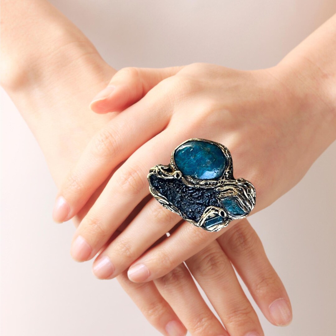 Meteorite Tektite Statement Ring With Apatite - Chunky Gemstone Huge ...