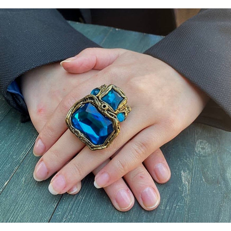 Teal Blue Big Crystal Ring Bold Extravagant Large Ring - Etsy