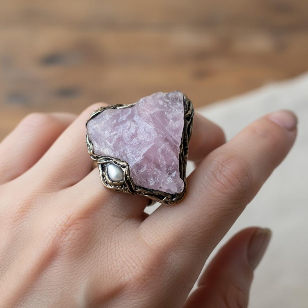 Raw Rose Quartz Crystal Chunky Ring, Large Stone Oversized Cocktail ...